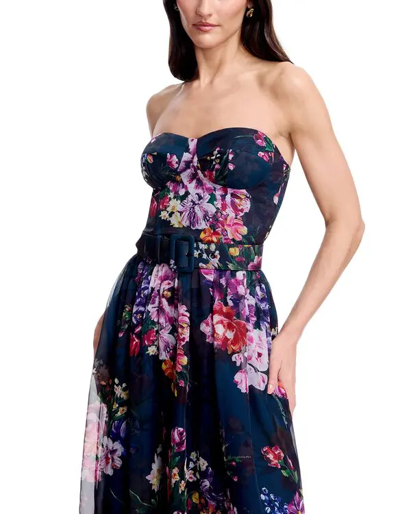 Dress The Population Strapless Sweetheart Fit & Flare Dress With Floral Print And Belted Waist