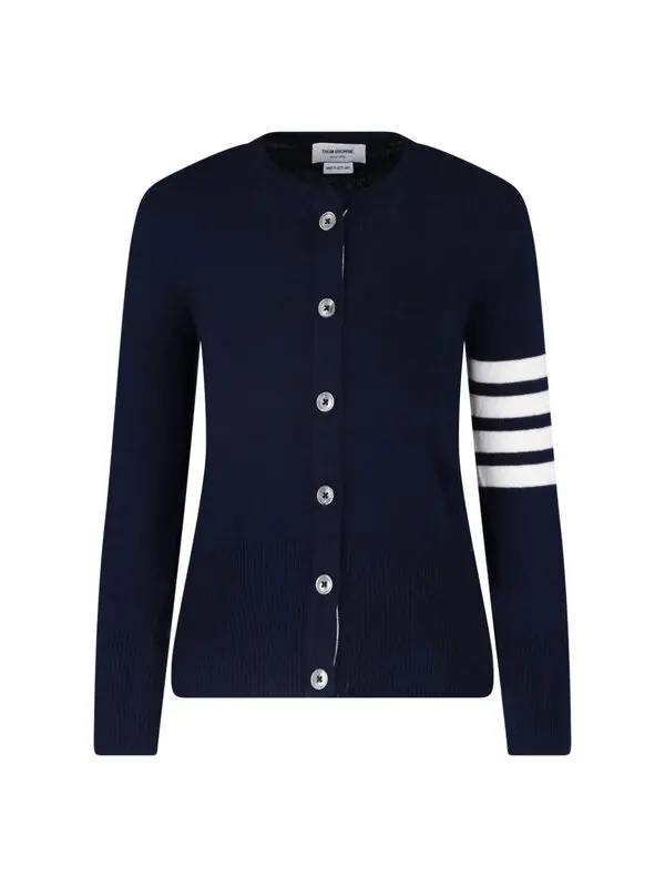 Thom Browne 100% Cashmere Crewneck Cardigan With Signature Stripes - Blue