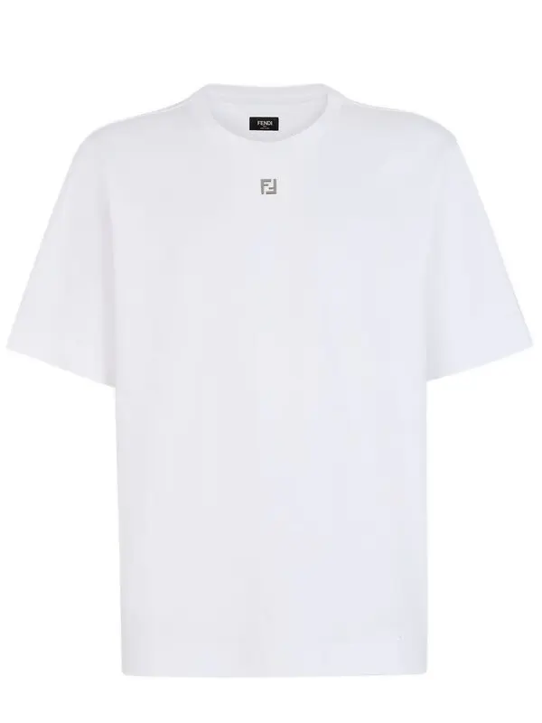 Fendi Regular-fit Cotton T-shirt With Crew Neck And Short Sleeves And Mini Ff Metal Applique - Bianco