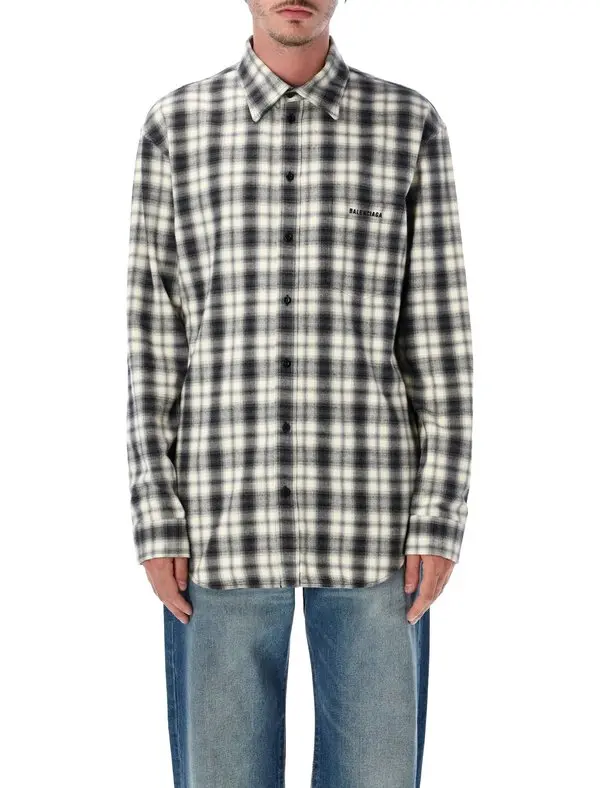 Balenciaga Checkered Cotton Flannel Shirt With Embroidered Chest Pocket Logo - Bianco