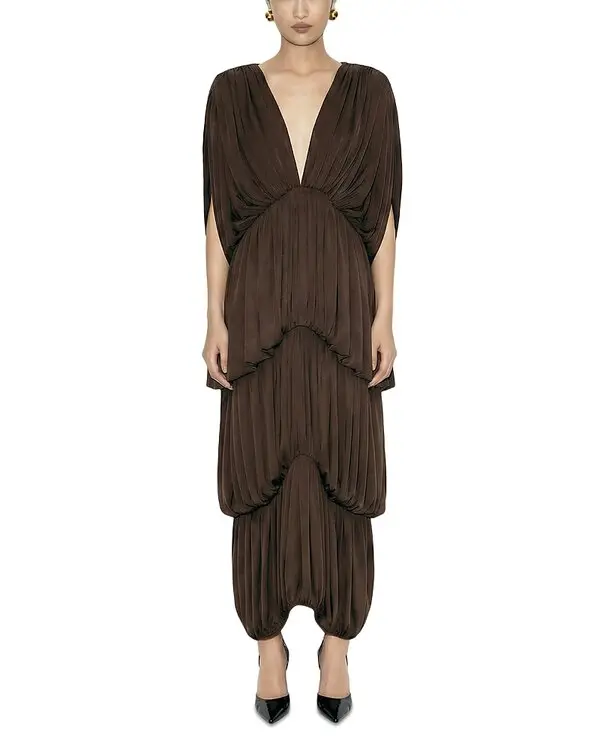 Ronny Kobo Plunge Neck Draped Maxi Dress - Chocolate