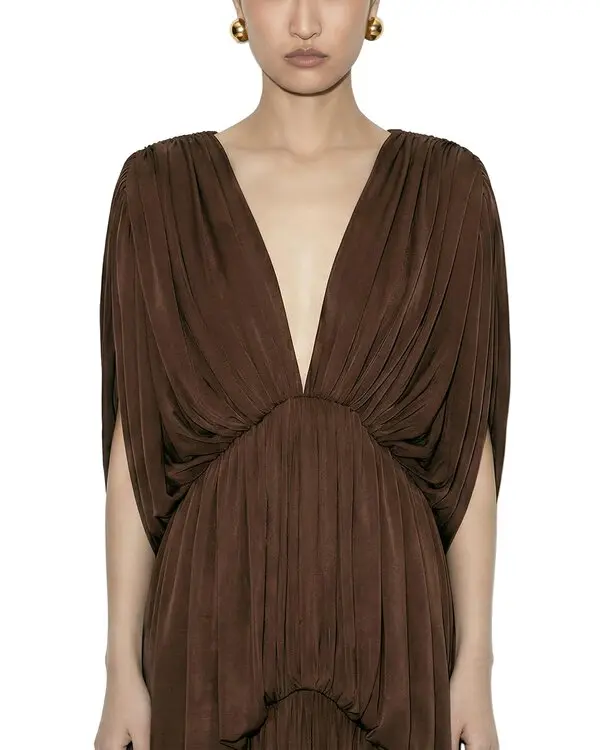 Ronny Kobo Plunge Neck Draped Maxi Dress - Chocolate