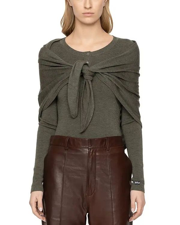 Sea Jane Wool Henley Sweater With Scarf - Sage