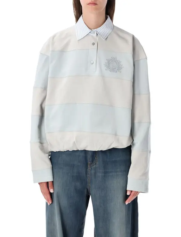 Acne Studios Relaxed Striped Polo Sweatshirt With Crest Logo Patch - Light Blue Grey