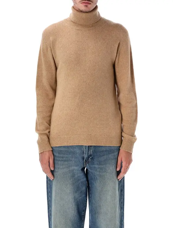 ROBERTO COLLINA Camel Wool Blend Ribbed Turtleneck Sweater - Marrone