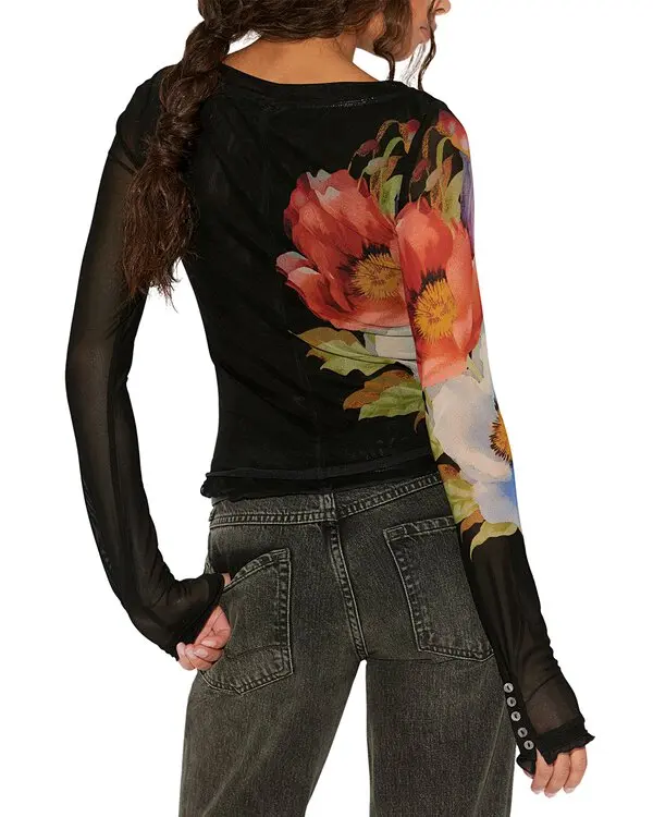 Free People Lilly Printed Long Sleeve Bodycon Top - Black Combo