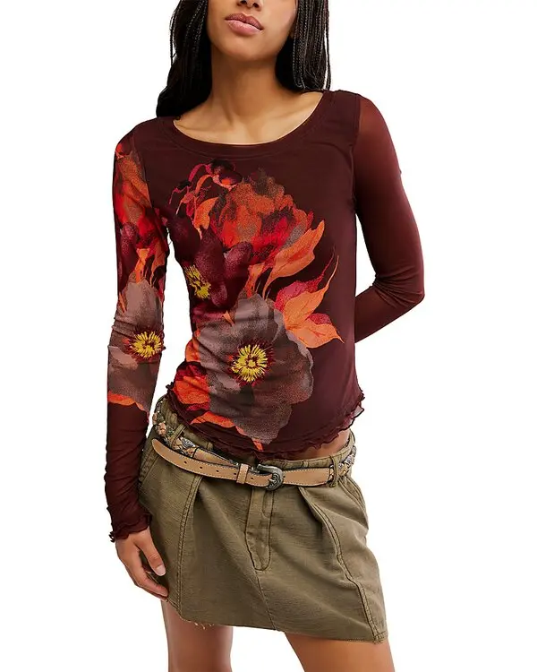 Free People Lilly Printed Long Sleeve Top - Cocoa Combo