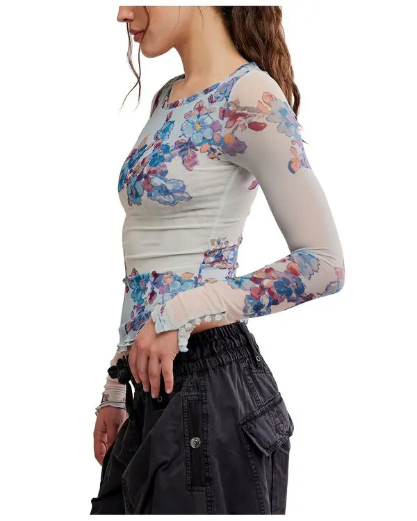 Free People Lilly Printed Long Sleeve Top - Frost Combo