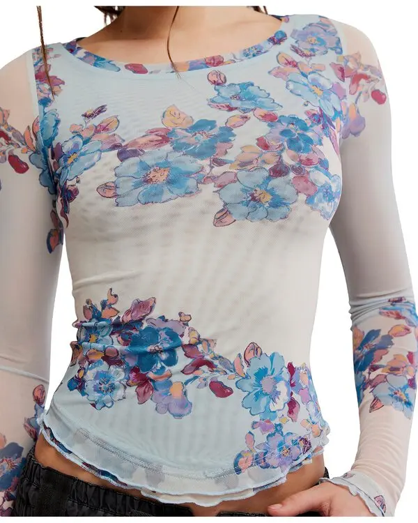 Free People Lilly Printed Long Sleeve Top - Frost Combo