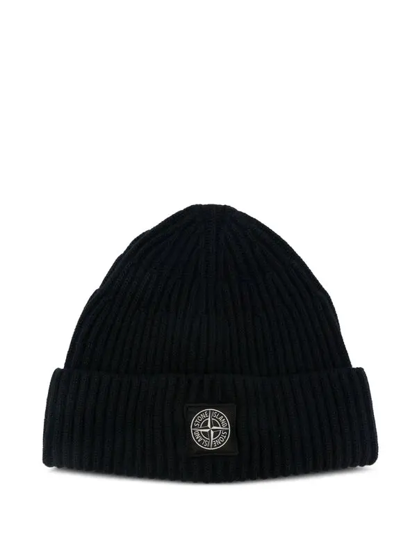 Stone Island Ribbed Wool Beanie With Compass Logo Patch - Blu