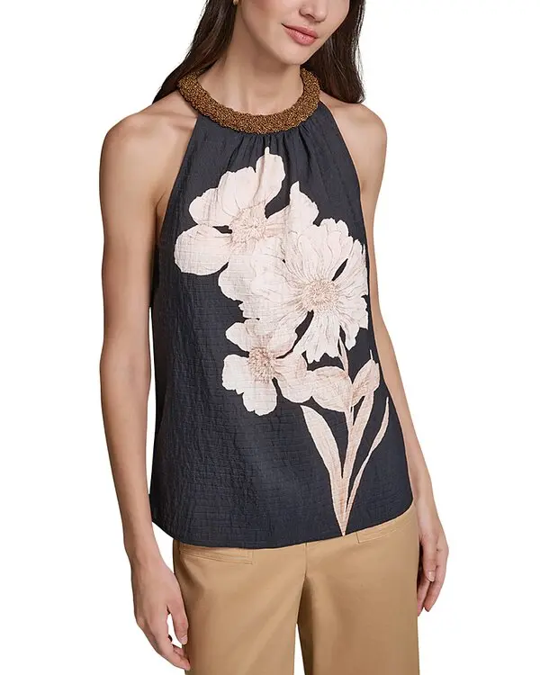 Karl Lagerfeld Paris Embellished Neck Floral Print Top - Midnight/ Navy