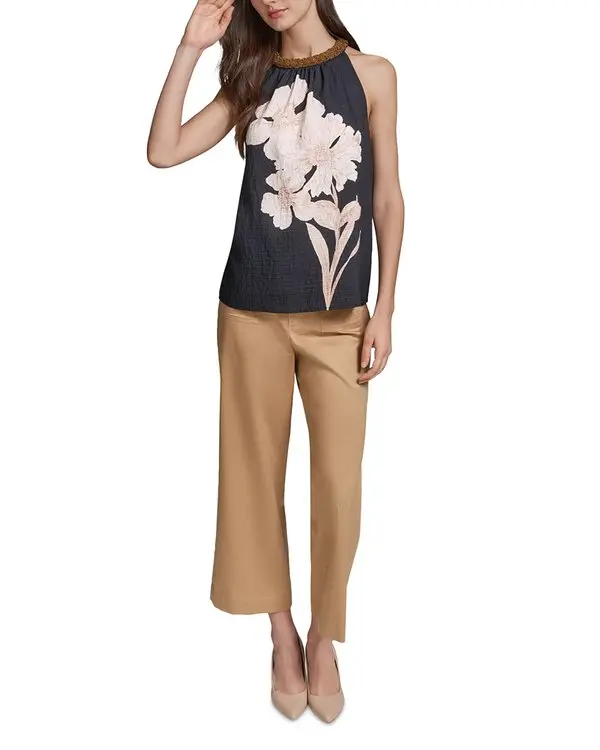 Karl Lagerfeld Paris Embellished Neck Floral Print Sleeveless Top