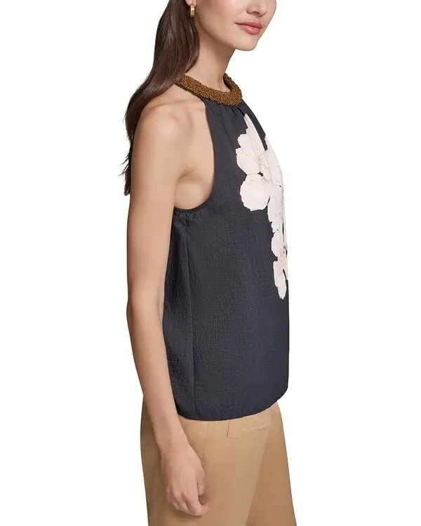 Karl Lagerfeld Paris Embellished Neck Floral Print Sleeveless Top