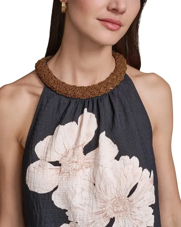 Karl Lagerfeld Paris Embellished Neck Floral Print Sleeveless Top
