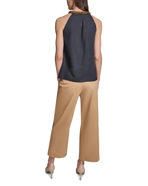 Karl Lagerfeld Paris Embellished Neck Floral Print Sleeveless Top