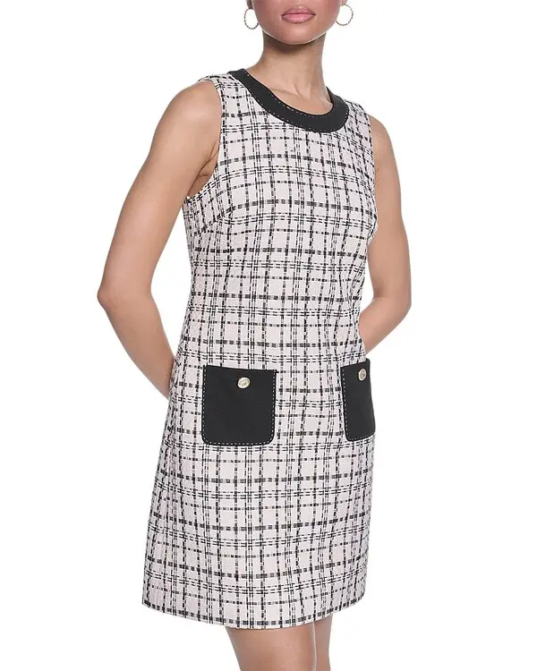 Karl Lagerfeld Paris Sleeveless Tweed Shift Dress - Bisque/ Black