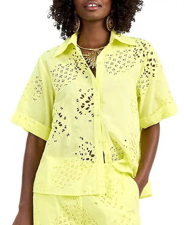 Trina Turk Triennale Top Eyelet Button-down Cotton Shirt - Citrus