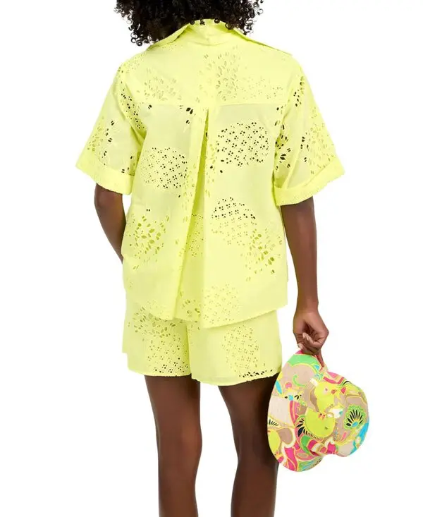 Trina Turk Triennale Top Eyelet Button-down Cotton Shirt - Citrus