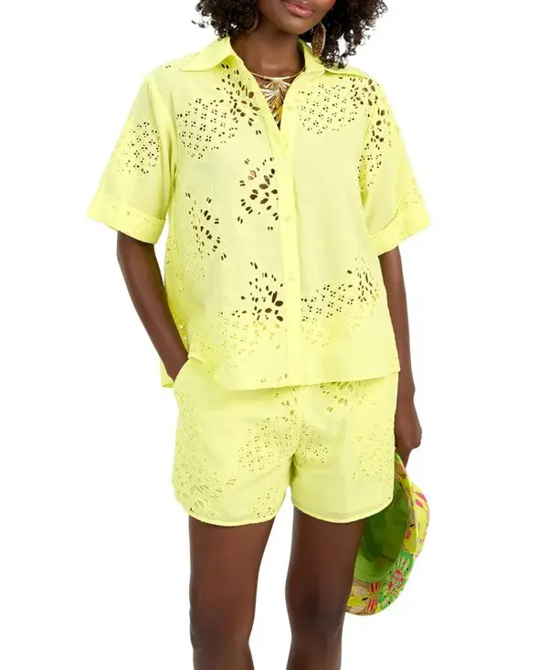 Trina Turk Triennale Top Eyelet Button-down Cotton Shirt - Citrus