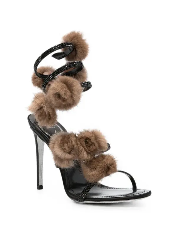 Rene Caovilla Rosalia Embellished Fur Pom Pom High Heel Sandals