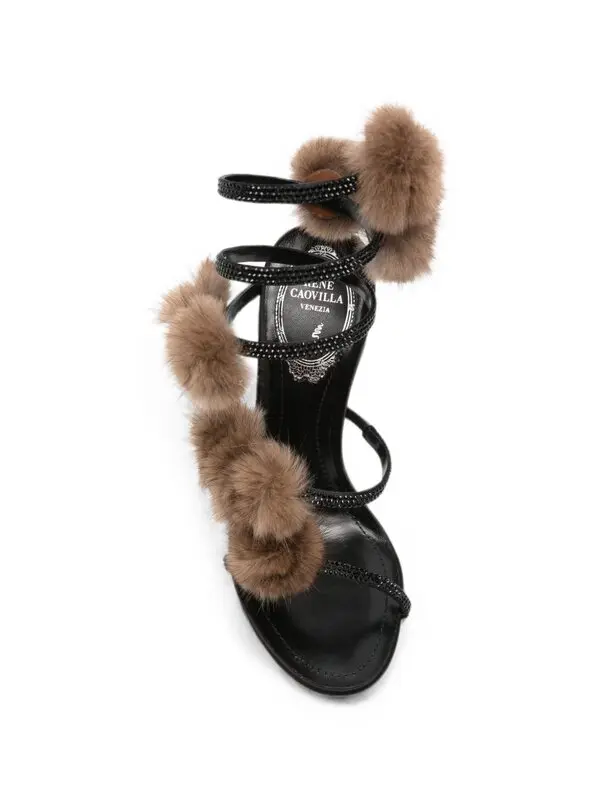 Rene Caovilla Rosalia Embellished Fur Pom Pom High Heel Sandals