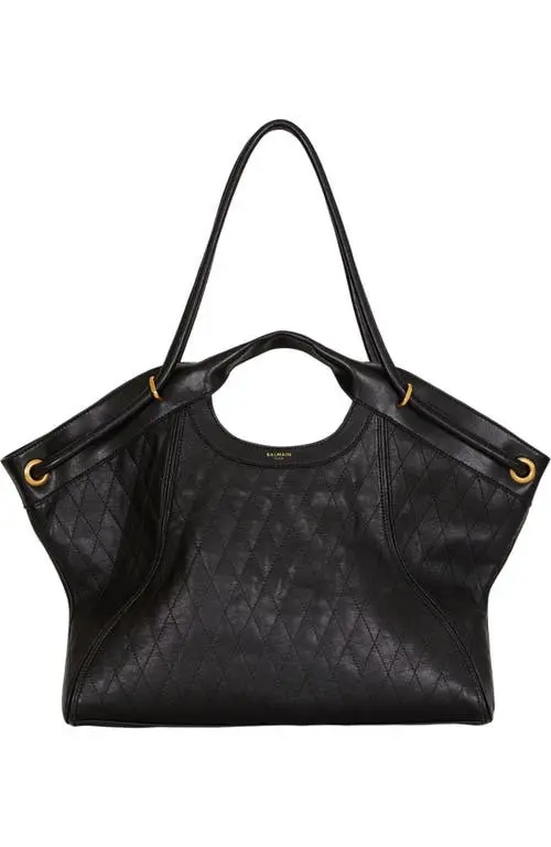 Balmain Large Tote In Topstitched Leather - Black