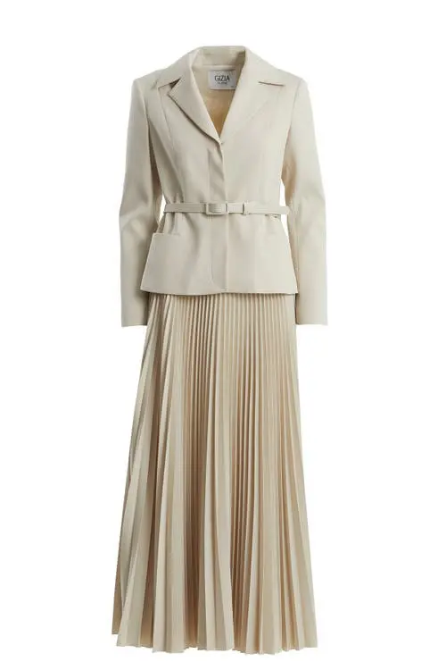 GIZIA Belted Blazer Pleated Skirt Set - Beige