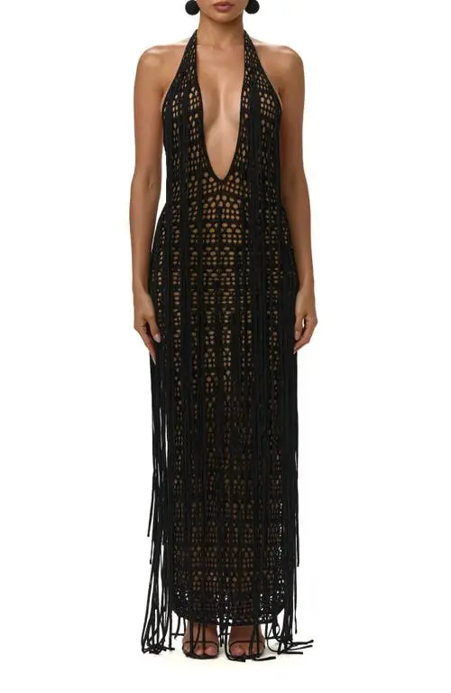 Naked Wardrobe Crochet Fringe Plunge Neck Maxi Dress - Black