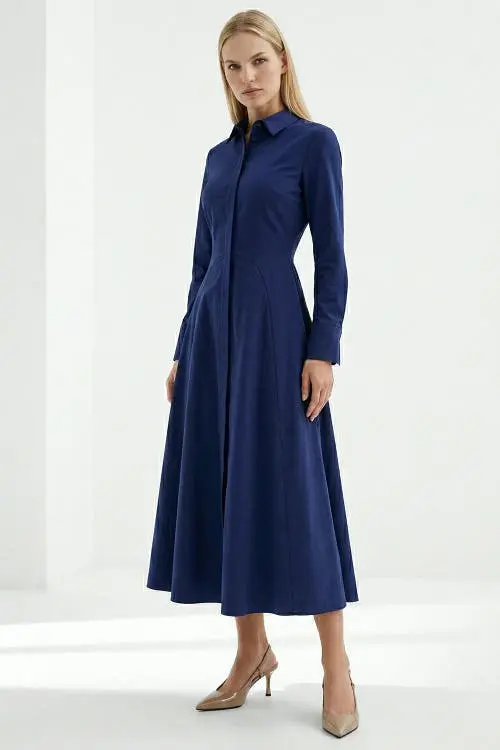 EXQUISE Fenetta Fitted Midi Shirt Dress - Navy