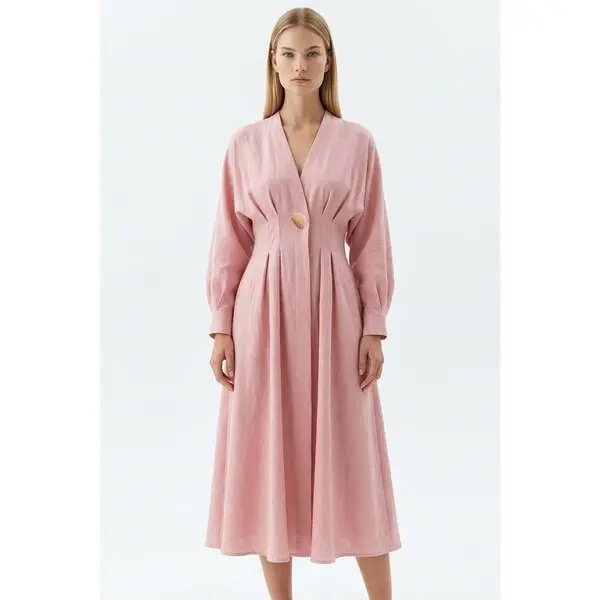 EXQUISE Garlyn Slim V Neck Long Sleeve Linen Midi Dress - Pink