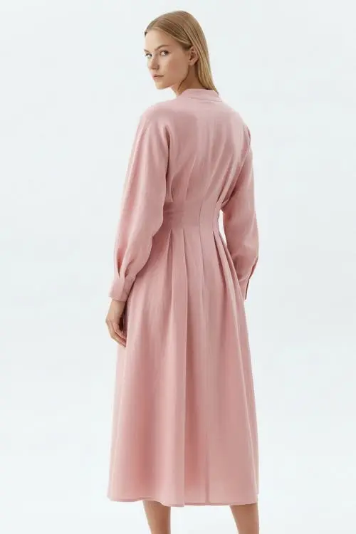 EXQUISE Garlyn Slim V-neck Long Sleeve Linen Midi Dress