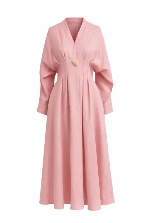 EXQUISE Garlyn Slim V-neck Long Sleeve Linen Midi Dress