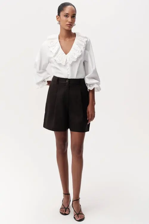 EXQUISE Donovan High Waist Pleated Linen Shorts - Black