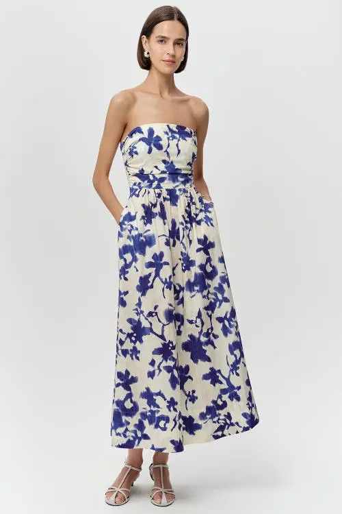 EXQUISE Antonin Strapless Smocked Pocketed Midi Dress - Sax