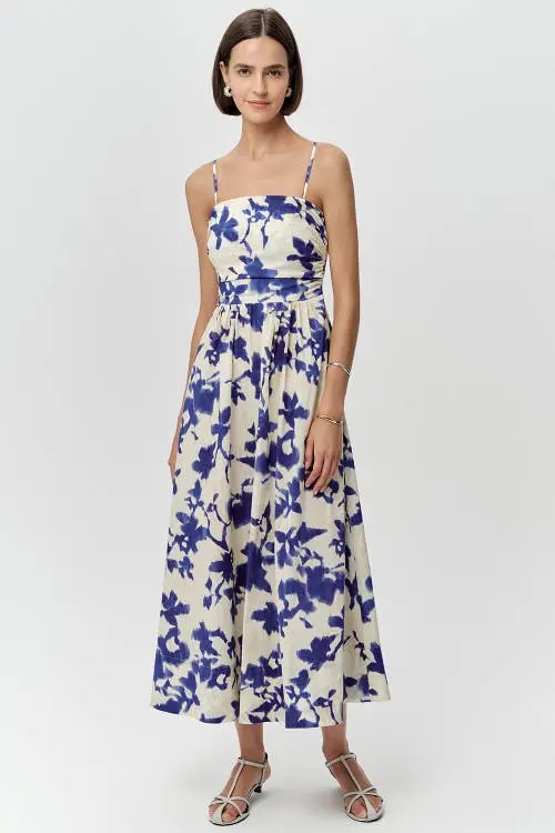 EXQUISE Strapless Smocked Floral Midi Dress