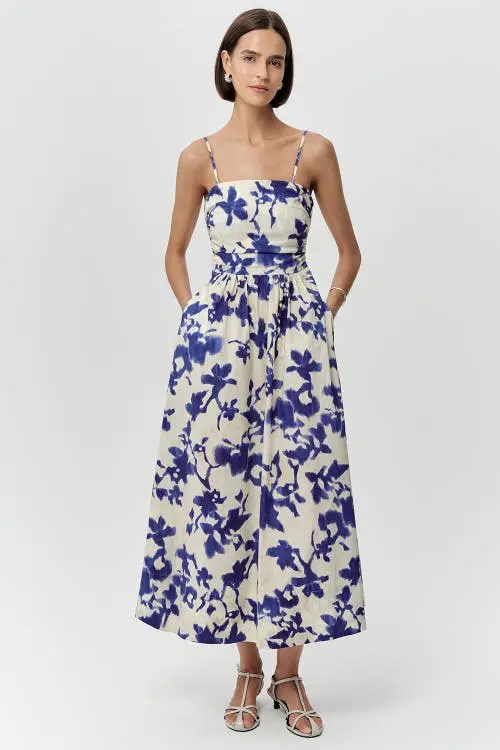 EXQUISE Strapless Smocked Floral Midi Dress