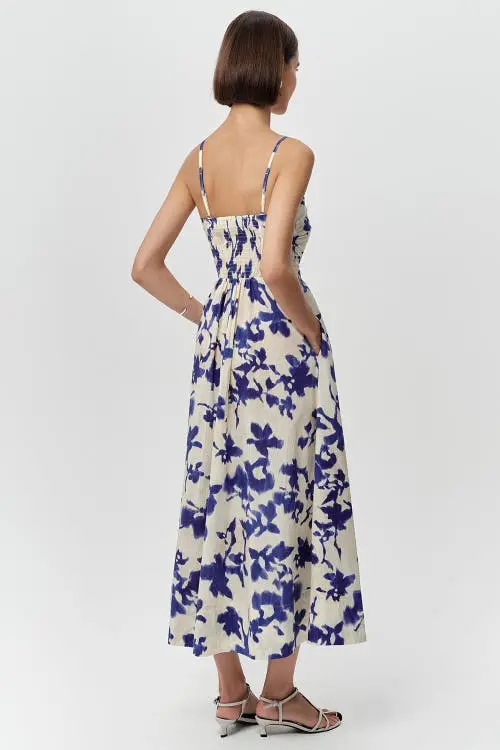EXQUISE Strapless Smocked Floral Midi Dress