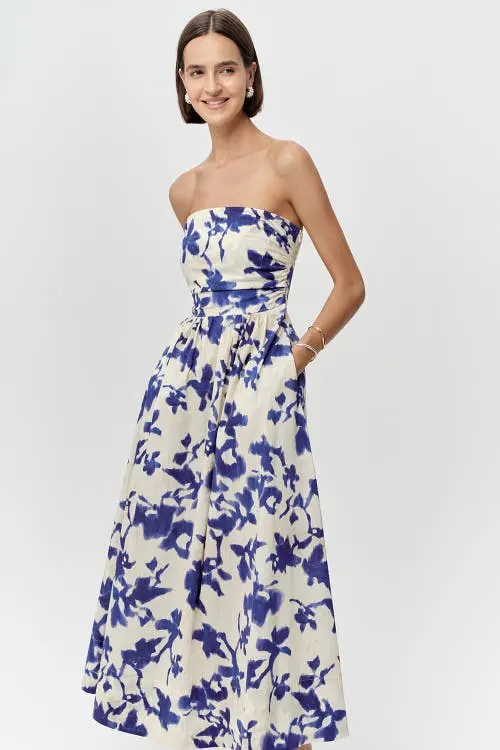 EXQUISE Strapless Smocked Floral Midi Dress