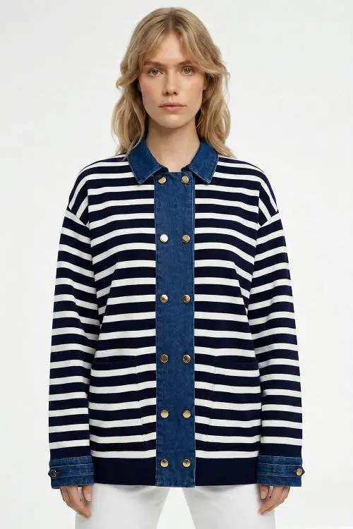 EXQUISE Gaetan Long Sleeve Striped Knit Cardigan - Navy