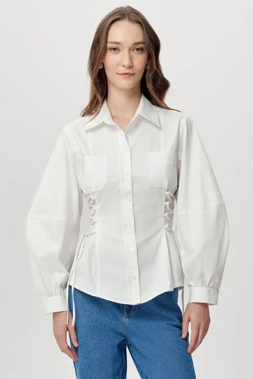 EXQUISE Arcene Fitted Waist Balloon Sleeve Shirt - Bone