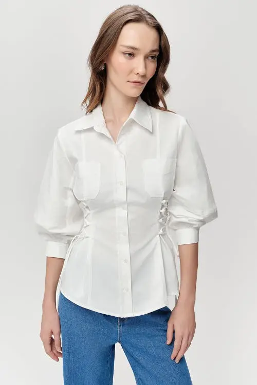 EXQUISE Fitted Waist Balloon Sleeve Shirt - Bone