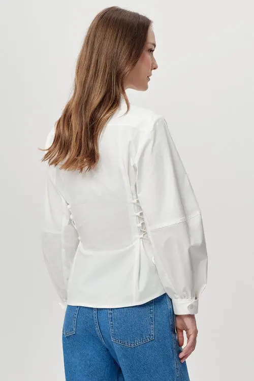 EXQUISE Fitted Waist Balloon Sleeve Shirt - Bone