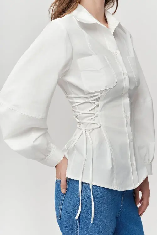EXQUISE Fitted Waist Balloon Sleeve Shirt - Bone