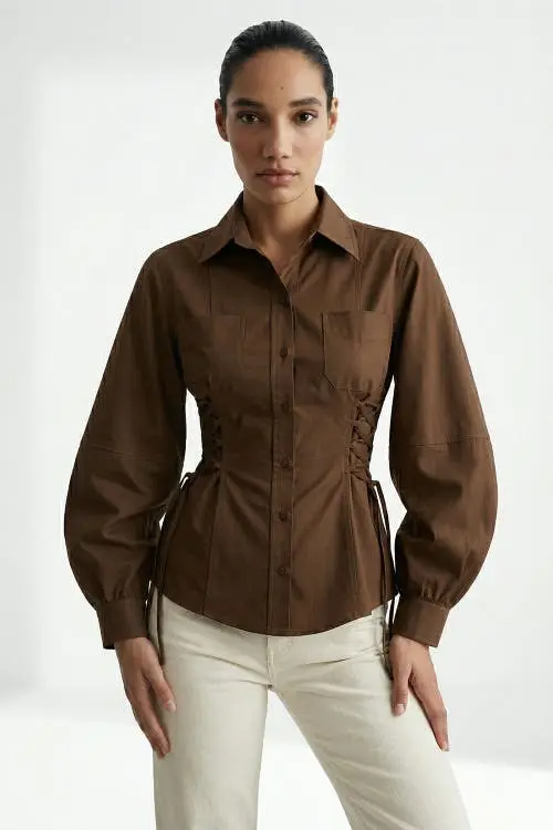 EXQUISE Arcene Fitted Waist Balloon Sleeve Shirt - Brown