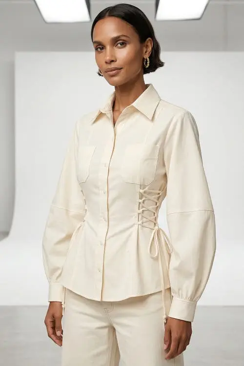 EXQUISE Arcene Fitted Waist Balloon Sleeve Shirt - Cream