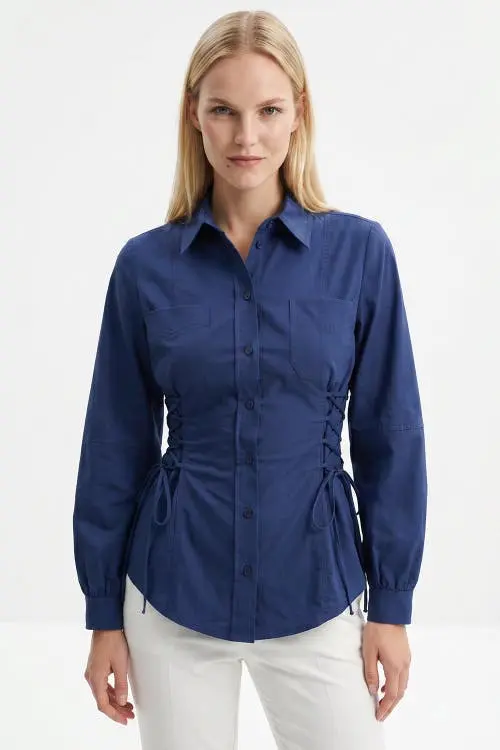 EXQUISE Arcene Fitted Waist Balloon Sleeve Shirt - Navy