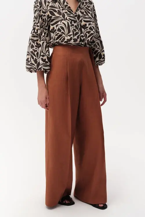 EXQUISE High-waisted Wide Leg Linen Trousers