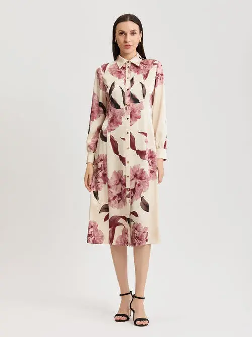 Misook Floral Crepe De Chine Midi Shirtdress - Honeysuckle/russet/charmeuse