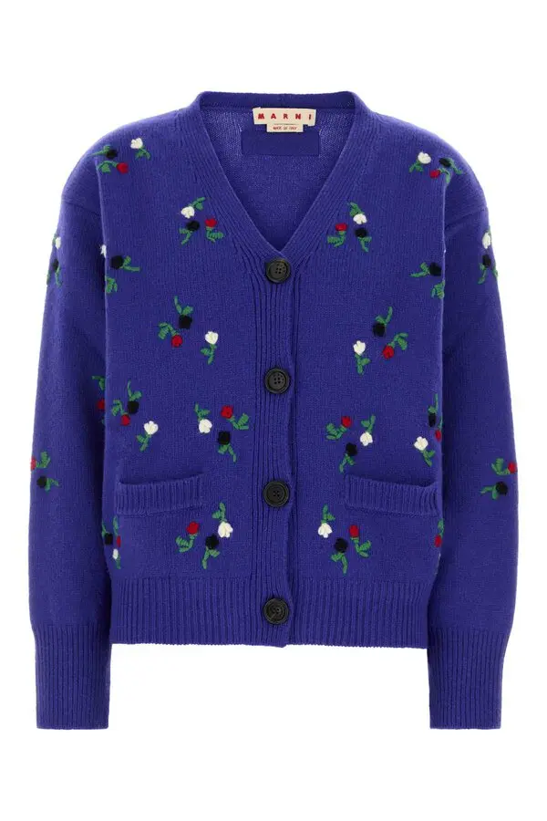 Marni Embroidered Wool Blend Cardigan - Blue