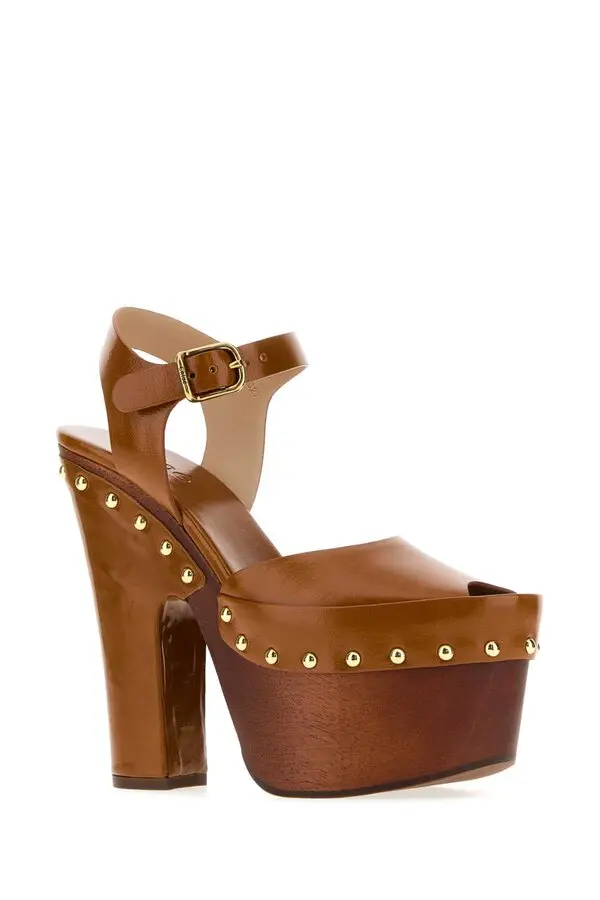 Chloé Caramel Leather Clogs With Stud Detailing